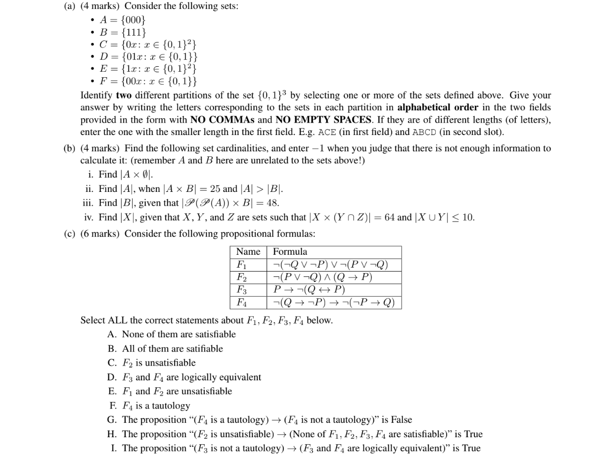 Solved (a) (4 marks) Consider the following sets: - A={000} | Chegg.com