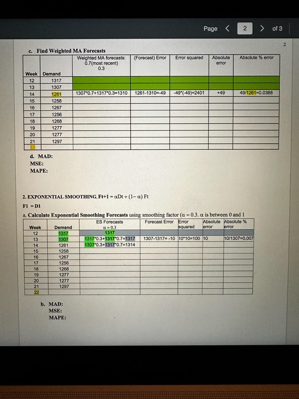 Solved d. MAD: MSE: MAPE: 2. EXPONENTIAL SMOOTHING, | Chegg.com
