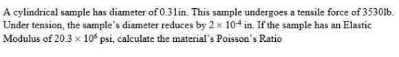 Solved A cylindrical sample has diameter of 0.31in. This | Chegg.com