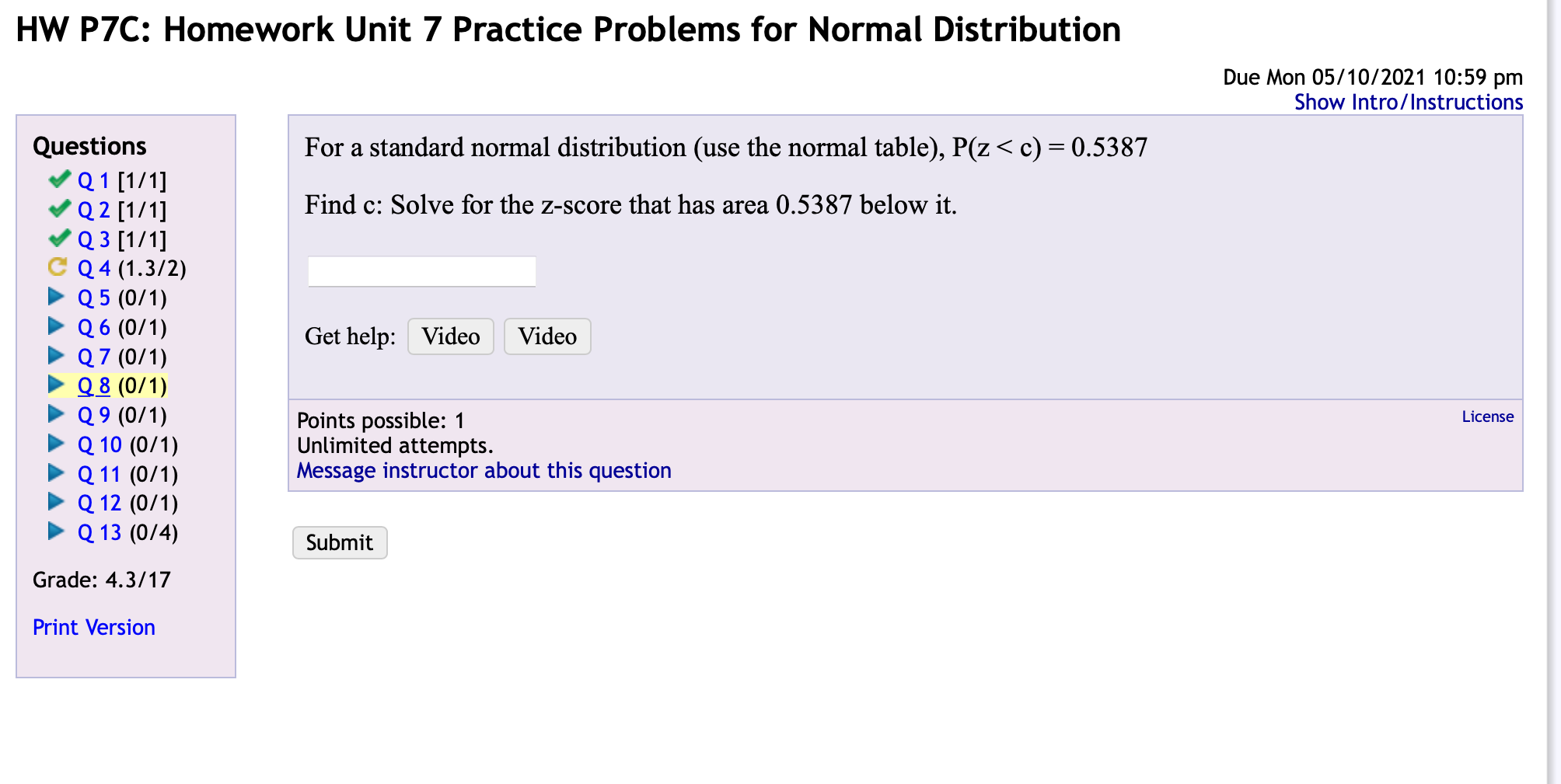 Solved HW P7C: Homework Unit 7 Practice Problems for Normal | Chegg.com