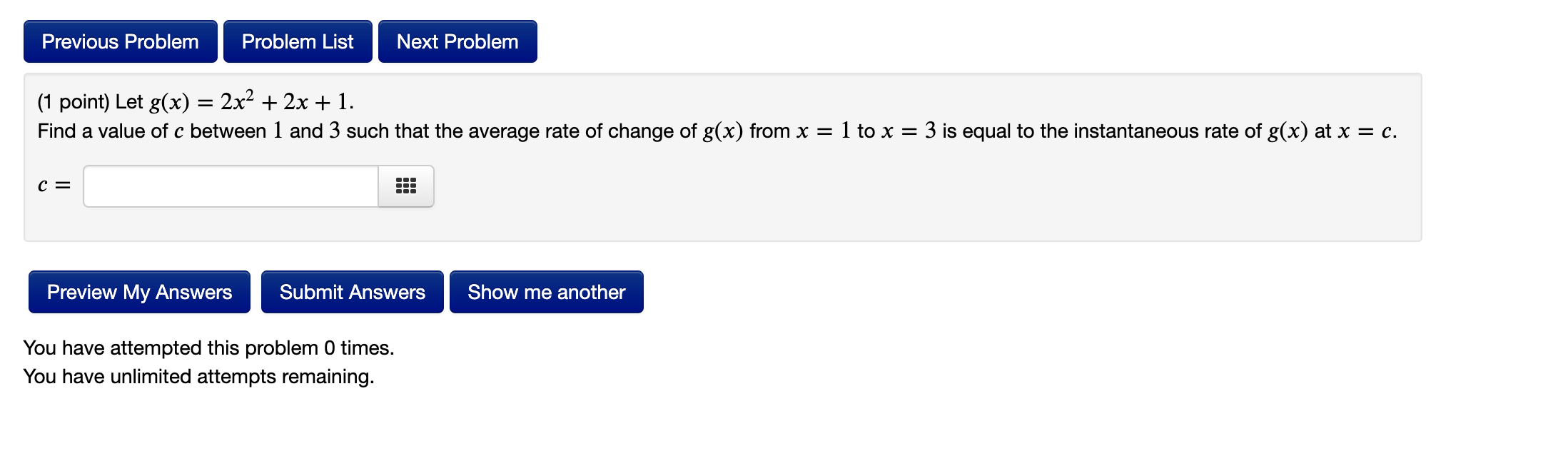 Solved (1 point) Let g(x)=2x2+2x+1 Find a value of c between | Chegg.com