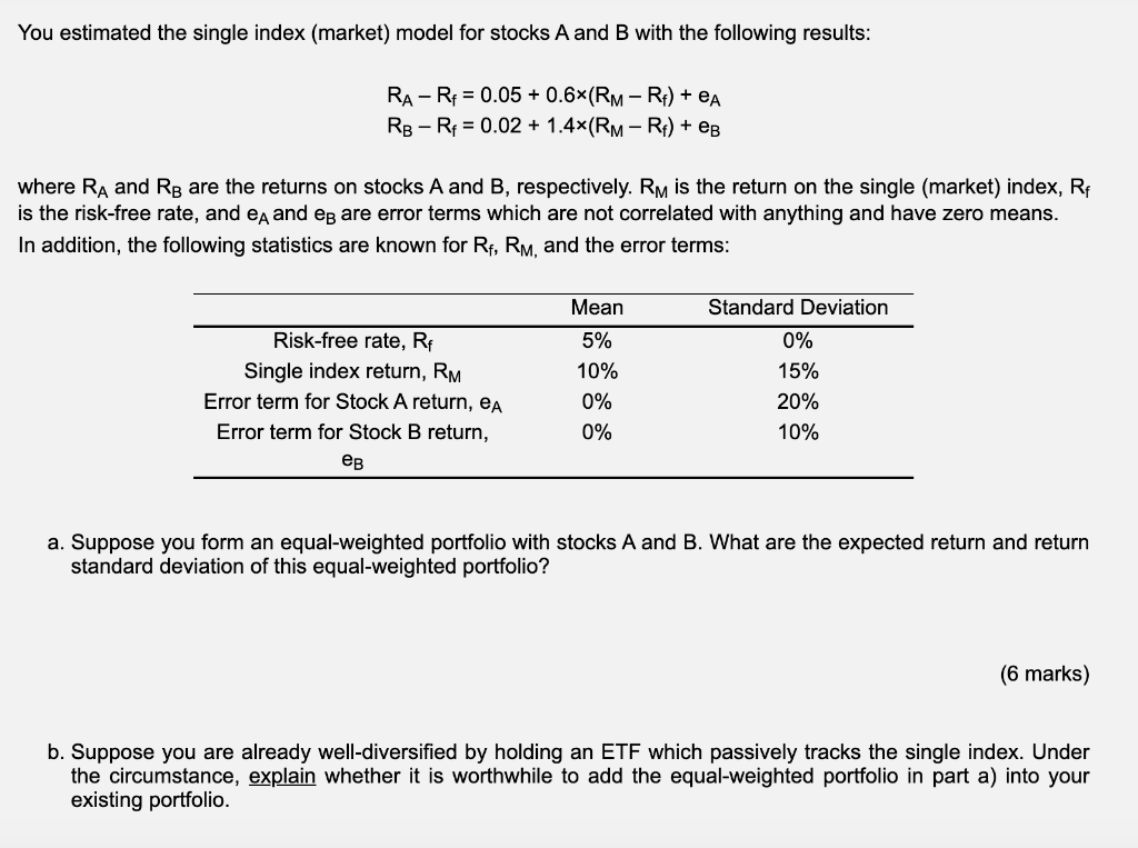 You estimated the single index (market) model for | Chegg.com