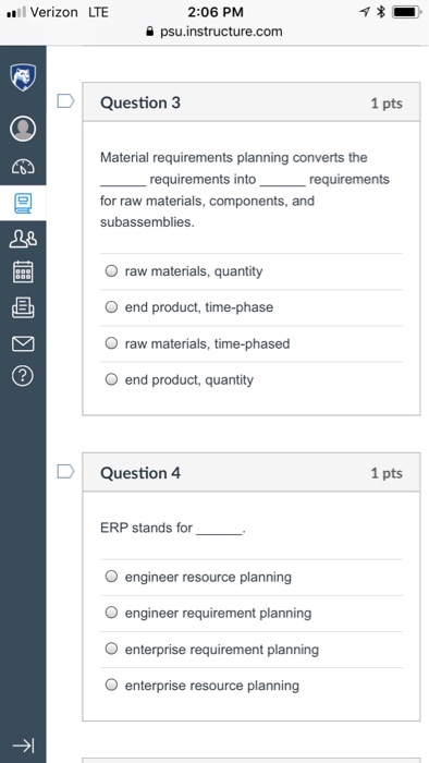 Solved Verizon LTE 2:06 PM psu.instructure.com Question 1 1 | Chegg.com