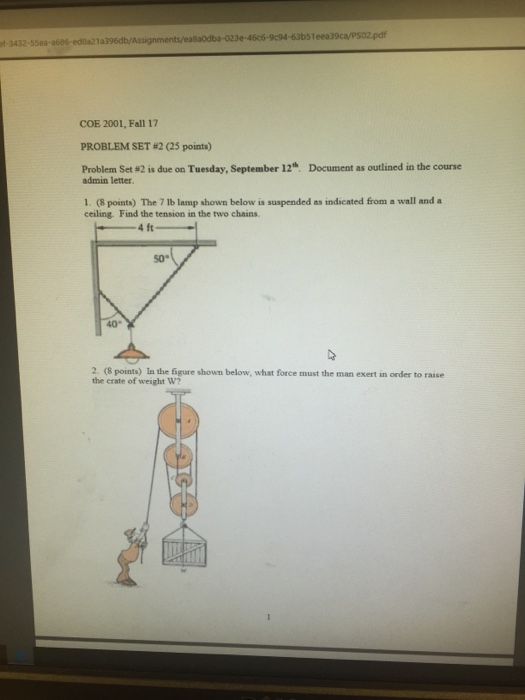 Solved The 7 lb lamp shown below is suspended as indicated | Chegg.com