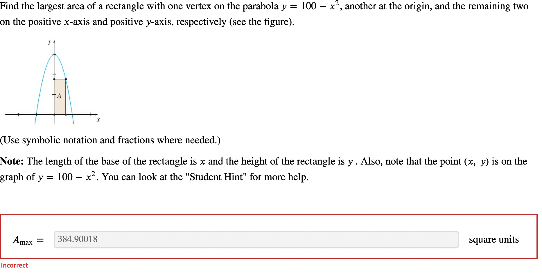 Solved Find the largest area of a rectangle with one vertex | Chegg.com