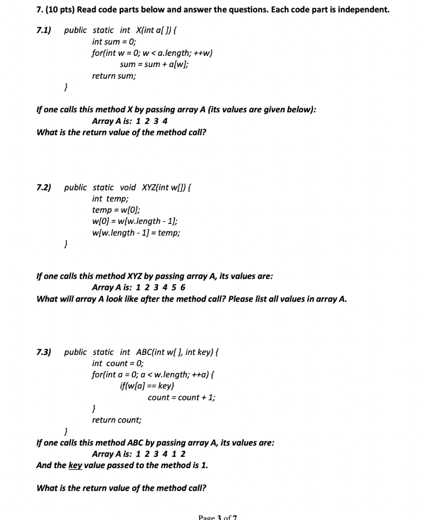 Solved 7. (10 pts) Read code parts below and answer the | Chegg.com