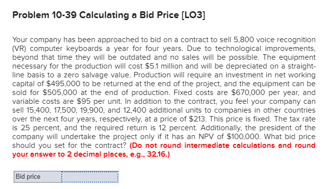 Solved Problem 10-39 Calculating a Bid Price [LO3] Your | Chegg.com
