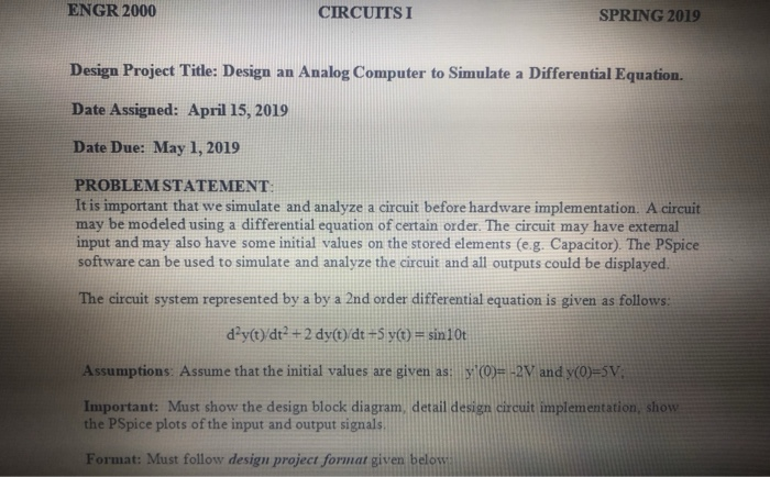ENGR 2000 CIRCUITS I SPRING 2019 Design Project | Chegg.com