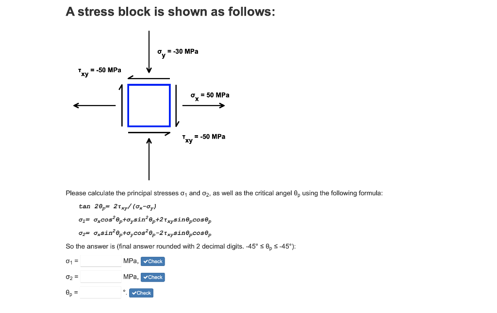 Solved A stress block is shown as follows: y=-30 MPa Exy = | Chegg.com