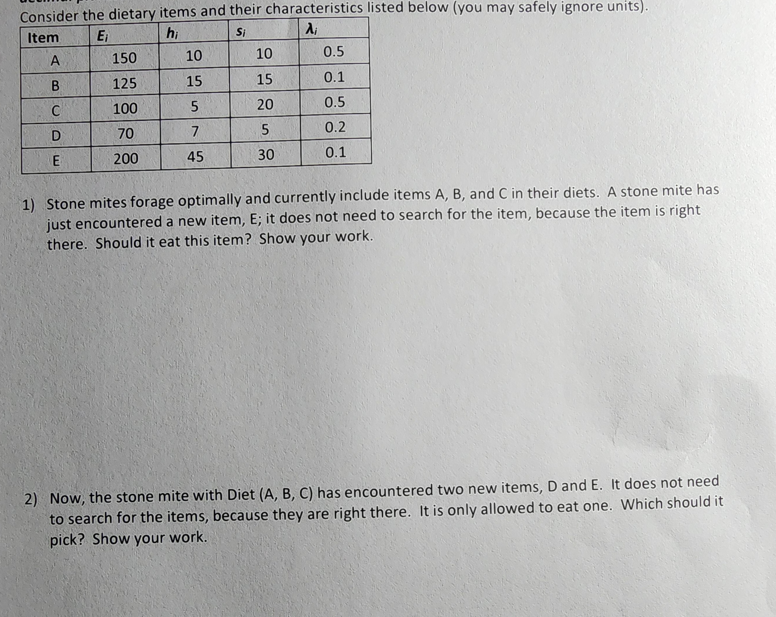 Solved Consider the dietary items and their characteristics | Chegg.com