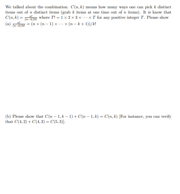 Solved We talked about the combination. C(n,k) means how | Chegg.com