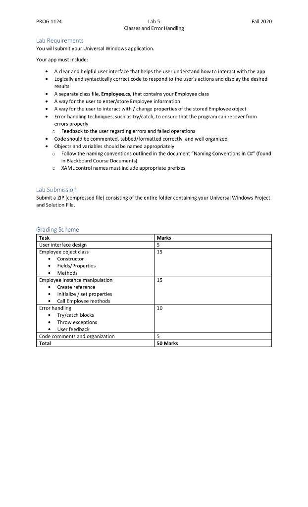 PROG 1124 Fall 2020 Lab 5 Classes and Error Handling | Chegg.com
