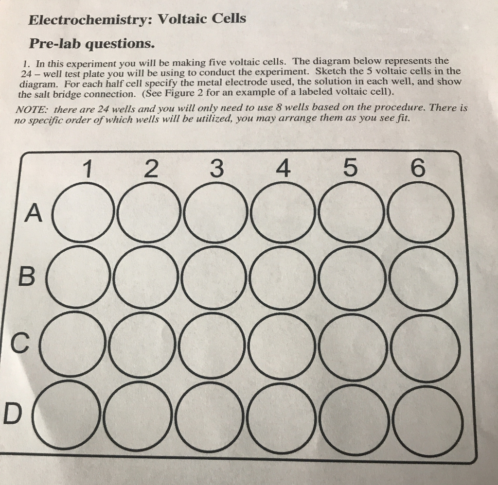 Electrochemistry: Voltaic Cells Pre-lab questions. 1. | Chegg.com Electrochemistry: Voltaic Cells Pre-lab questions. 1. | Chegg.com
