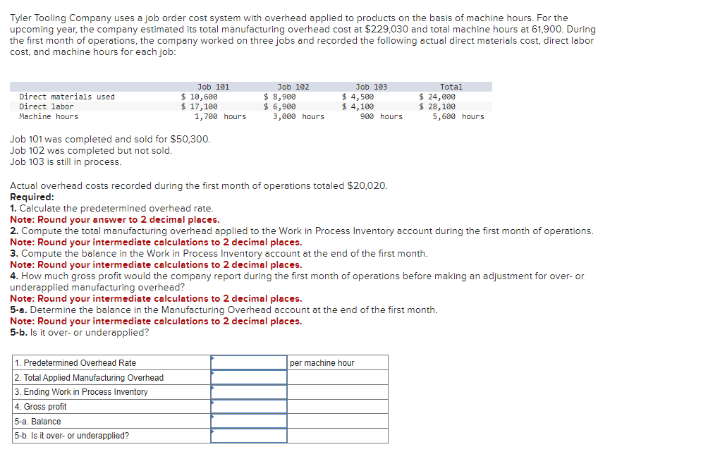 Solved Tyler Tooling Company uses a job order cost system | Chegg.com