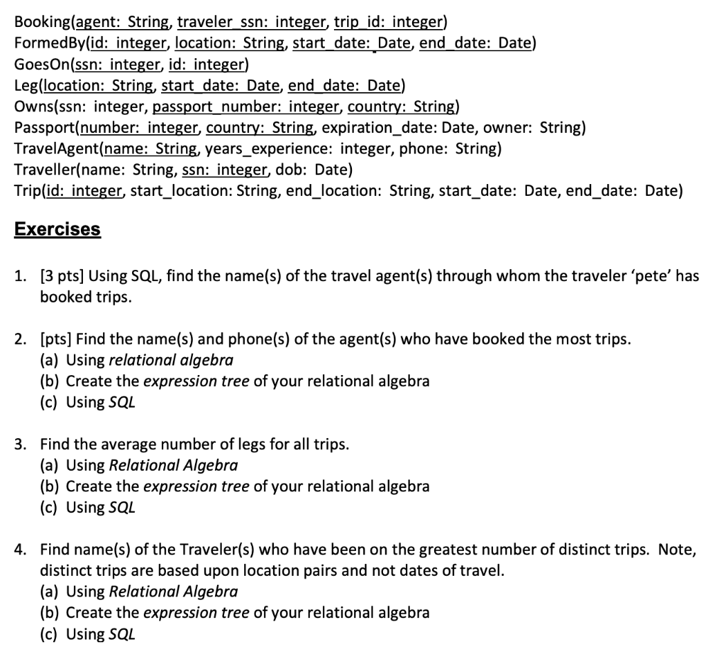 Booking(agent: String, traveler ssn: integer, trip | Chegg.com