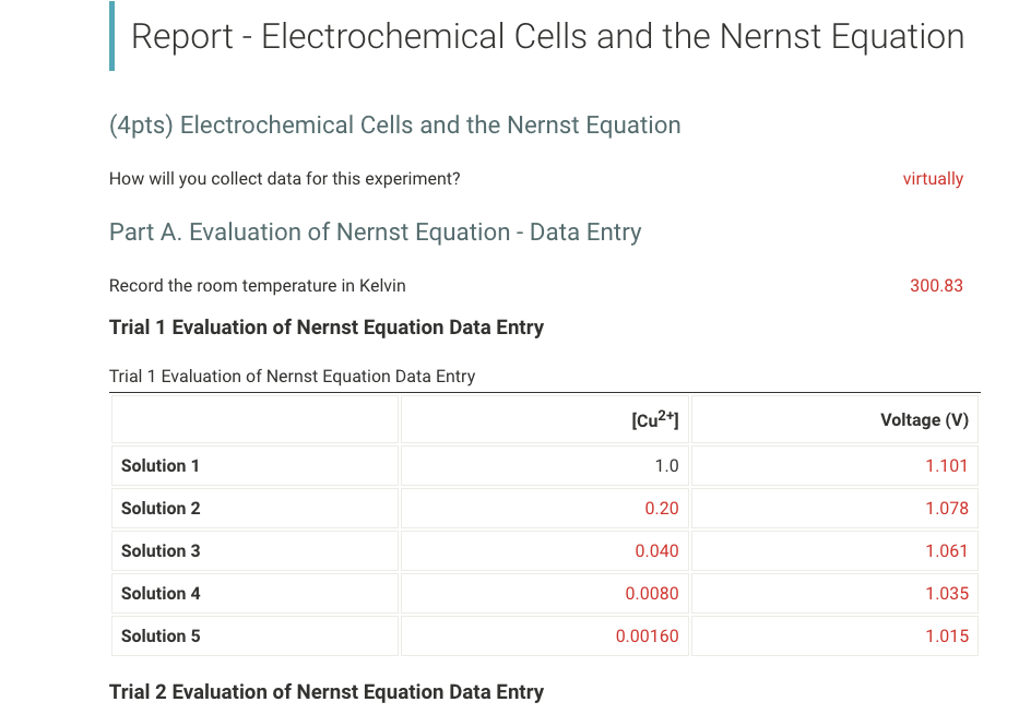 Report - Electrochemical Cells and the Nernst | Chegg.com