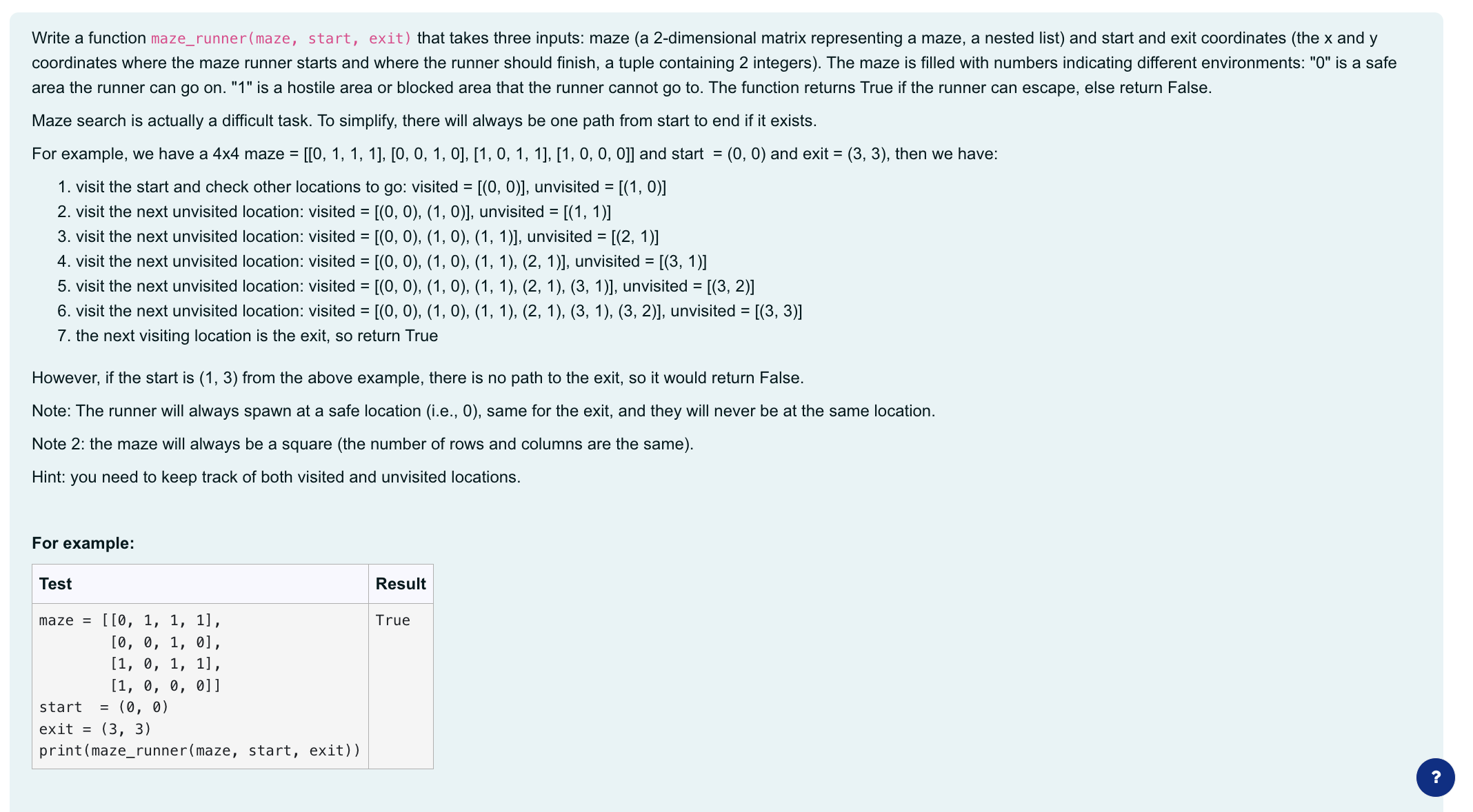 Solved Write a function maze_runner (maze, start, exit) that | Chegg.com