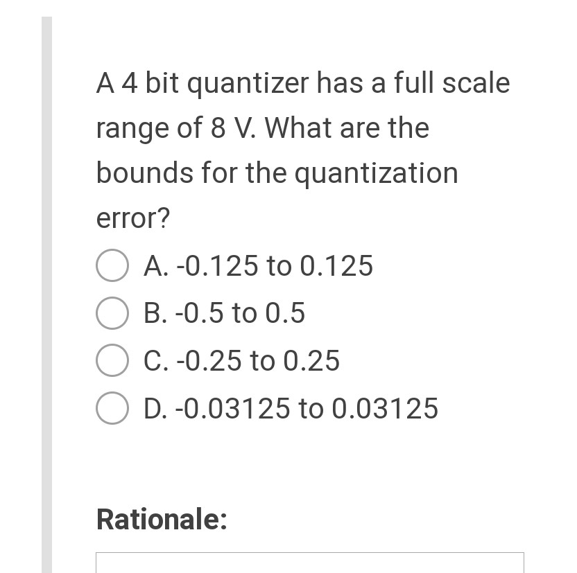 Solved A 4 bit quantizer has a full scale range of 8 V. What | Chegg.com