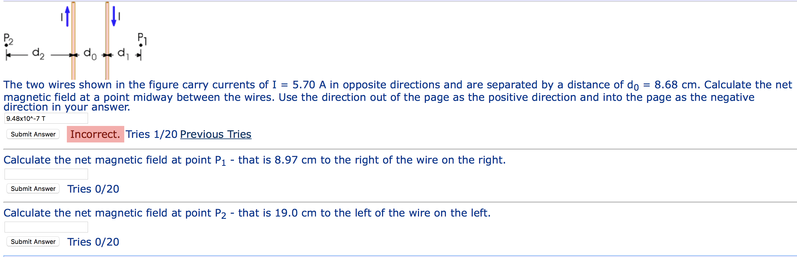 Solved ! P2 PI d2 do d, The two wires shown in the figure | Chegg.com