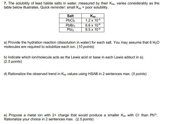 Solved 7. The solubility of lead halide salts in water, | Chegg.com