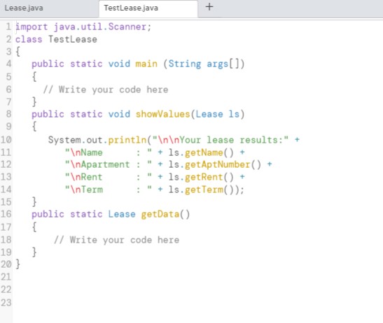 Solved 1. Create a class named Lease with fields that hold | Chegg.com