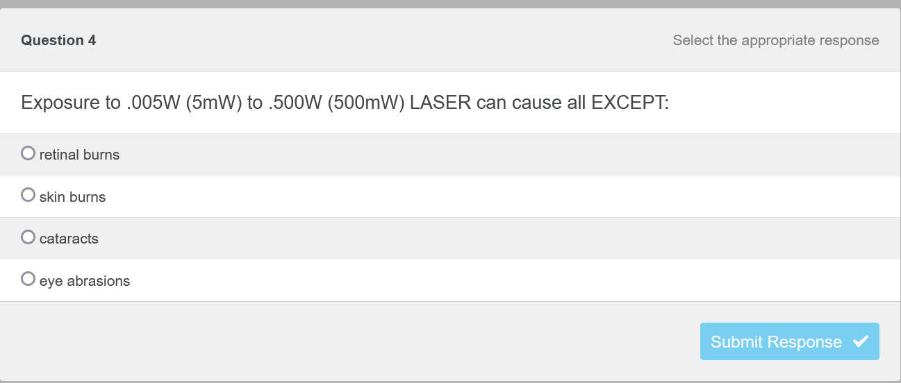 Solved Exposure to .005W (5mW) to .500W (500mW) LASER can | Chegg.com