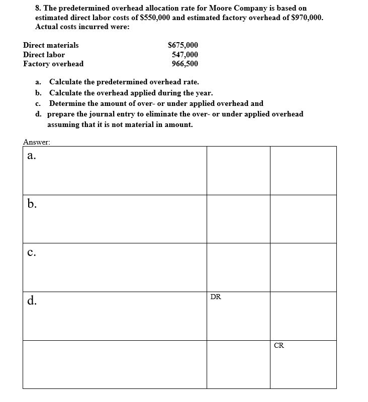 Solved 8. The predetermined overhead allocation rate for | Chegg.com