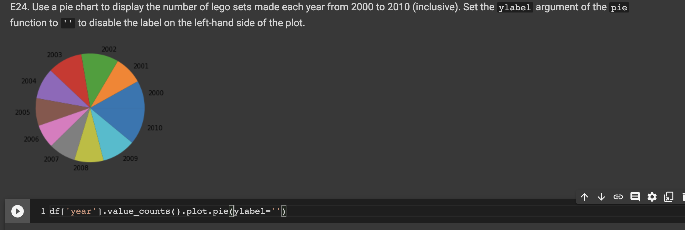 Solved E24. Use a pie chart to display the number of lego | Chegg.com