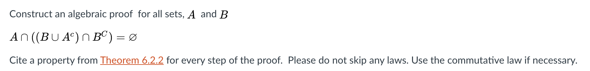 Solved Construct an algebraic proof for all sets, A and B An | Chegg.com