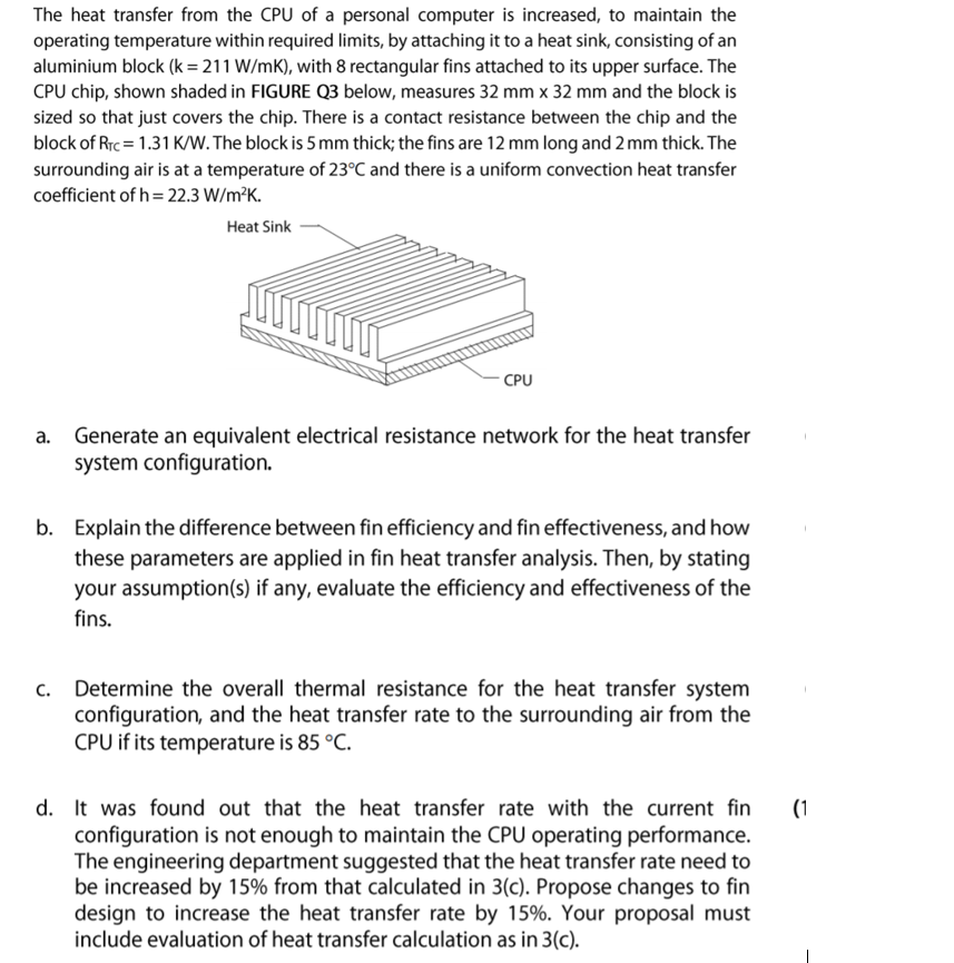 Solved The heat transfer from the CPU of a personal computer | Chegg.com