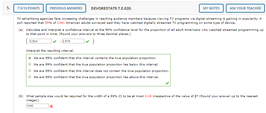 Solved 7.5/10 POINTS PREVIOUS ANSWERS DEVORESTAT9 7.E.020. | Chegg.com