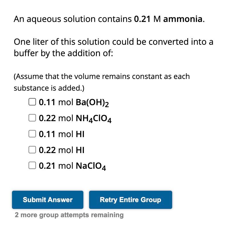 Solved An aqueous solution contains 0.21 M ammonia. One | Chegg.com