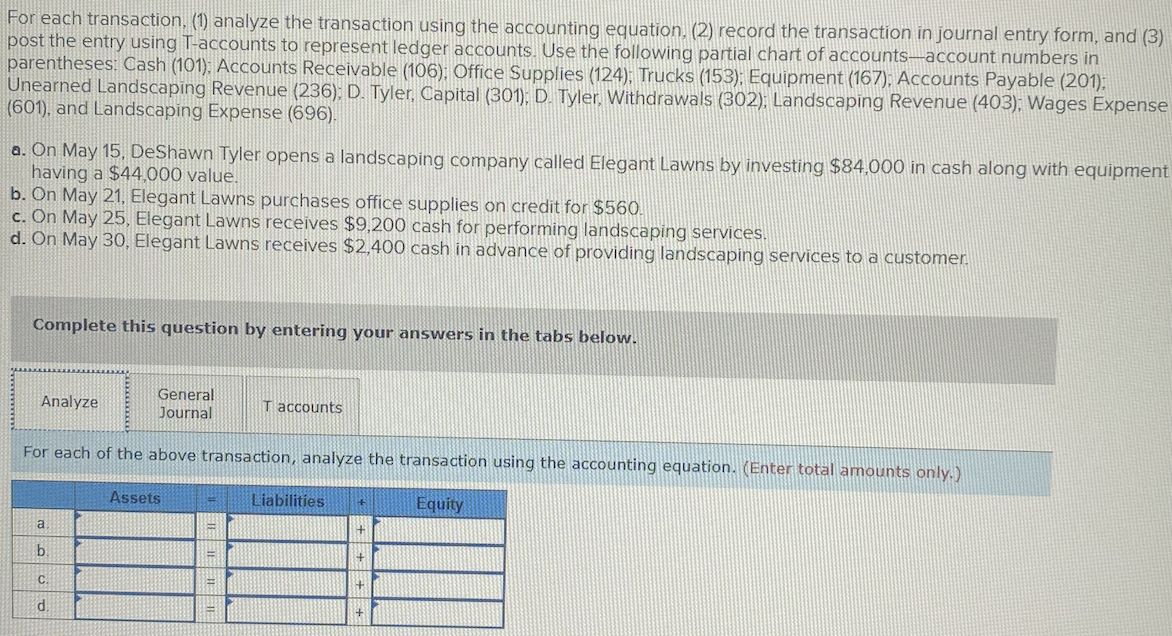 Solved For each transaction (1) analyze the transaction | Chegg.com