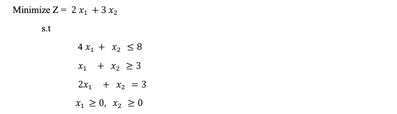 Solved Minimize Z= 2 x1 + 3 X2 s.t 4 x1 + x2 = 8 X1 + x2 > 3 | Chegg.com