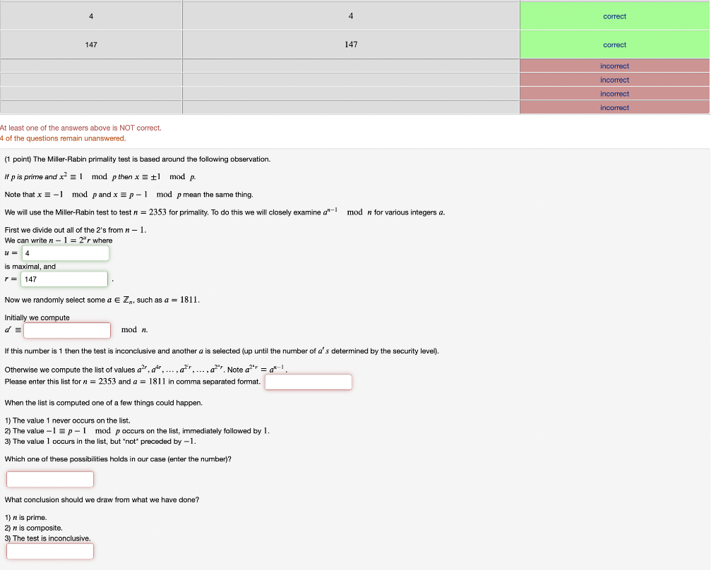 Solved (1 point) The Miller-Rabin primality test is based | Chegg.com