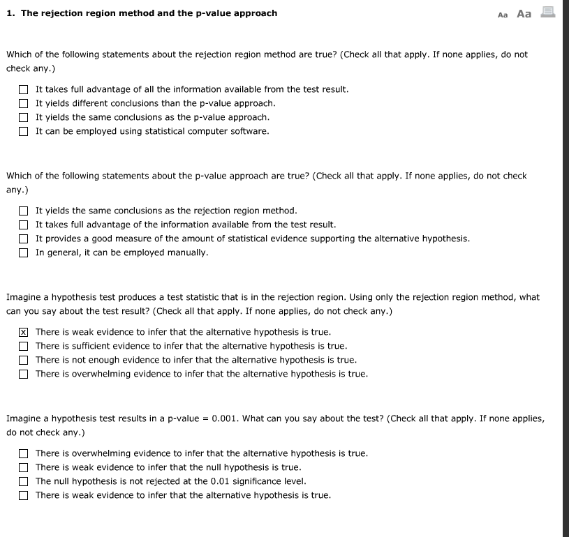 Solved 1. The rejection region method and the p-value | Chegg.com