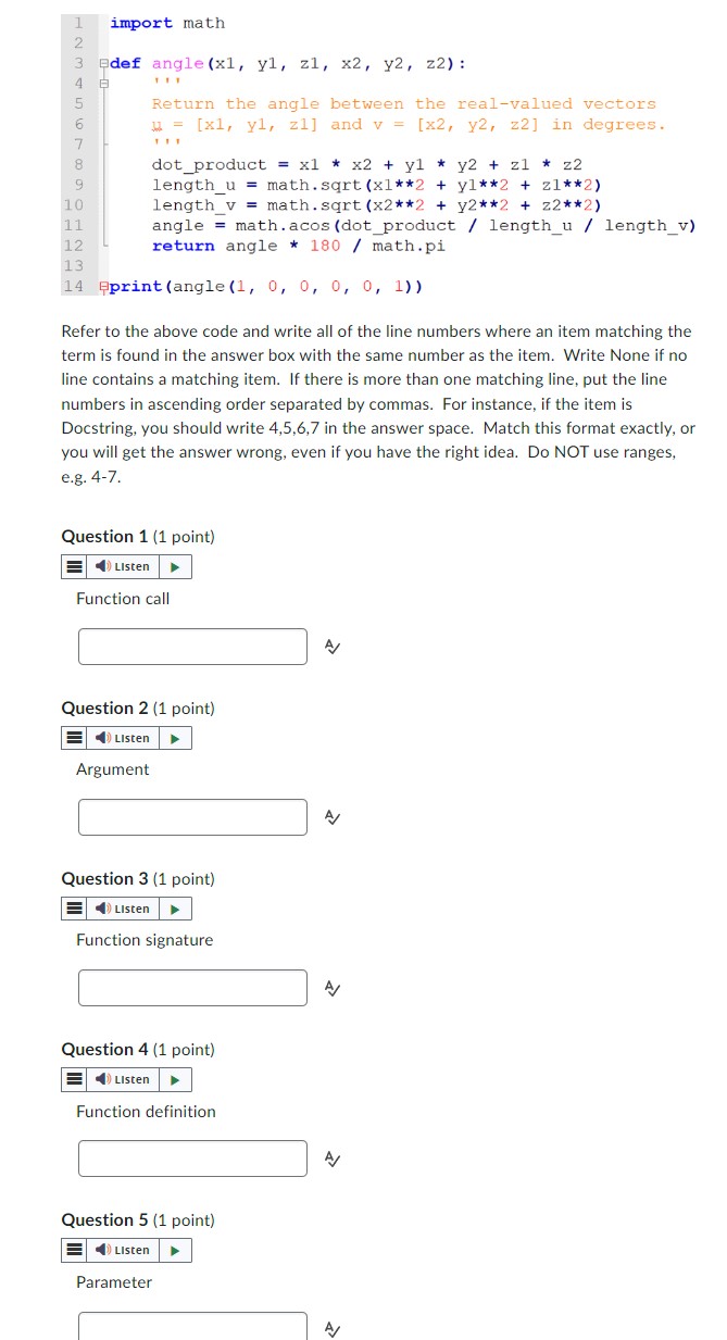 Solved import math Edef angle (x1, y1, z1, x2, y2, z2): | Chegg.com