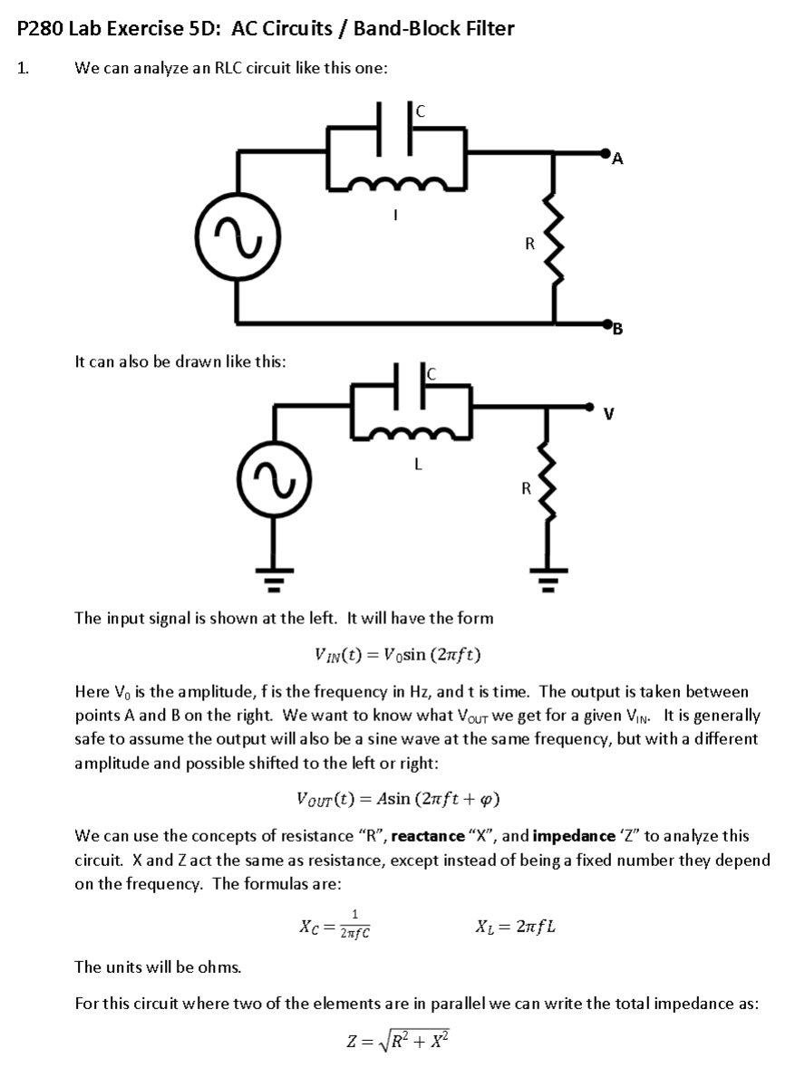 P280 Lab Exercise 5D: AC Circuits / Band-Block Filter | Chegg.com