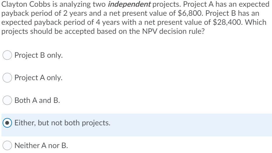 Solved Clayton Cobbs is analyzing two independent projects. | Chegg.com