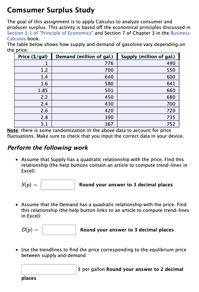 Solved Comsumer Surplus Study The goal of this assignment is | Chegg.com