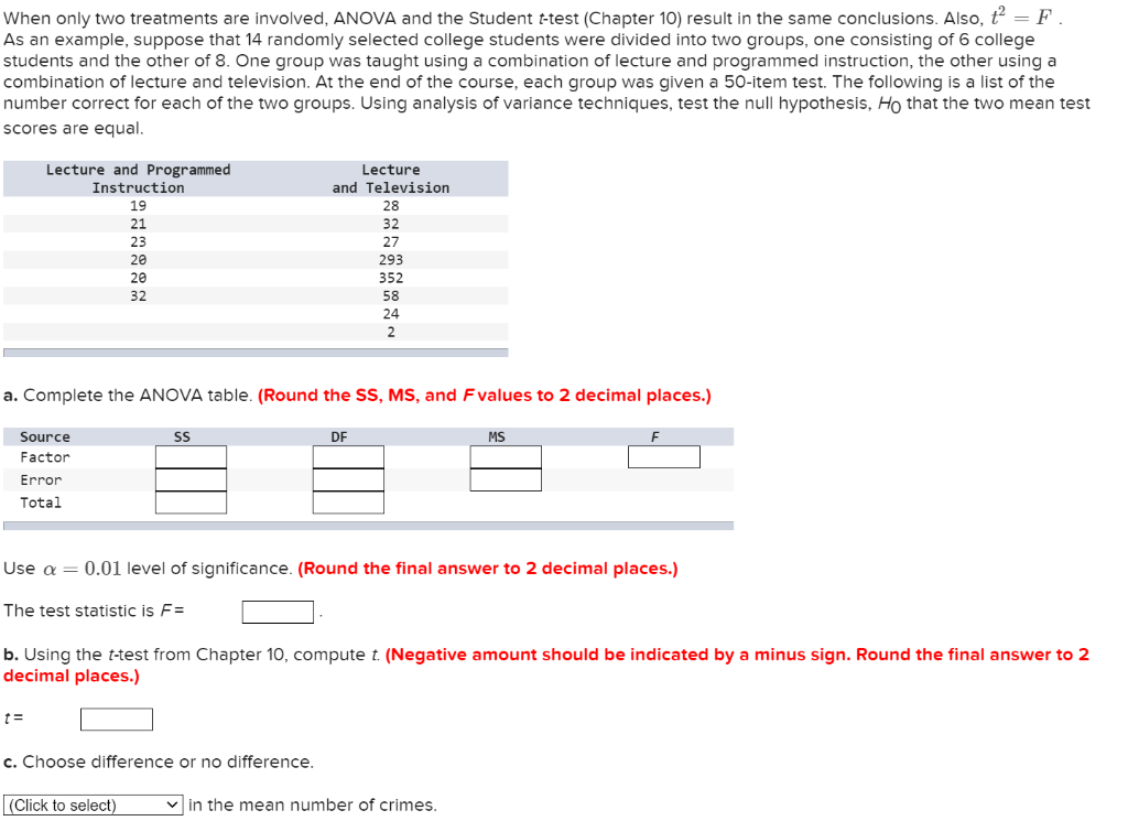 Solved When only two treatments are involved, ANOVA and the | Chegg.com