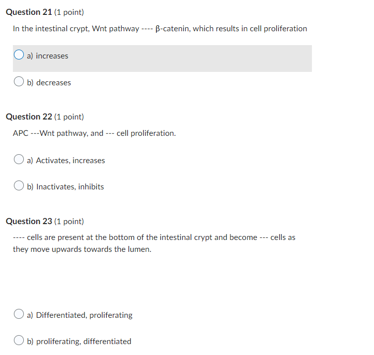 Solved In the intestinal crypt, Wnt pathway ⋯−β-catenin, | Chegg.com