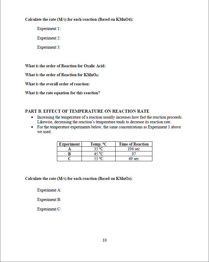 Solved Effect of temperature on reaction rate: I need help | Chegg.com