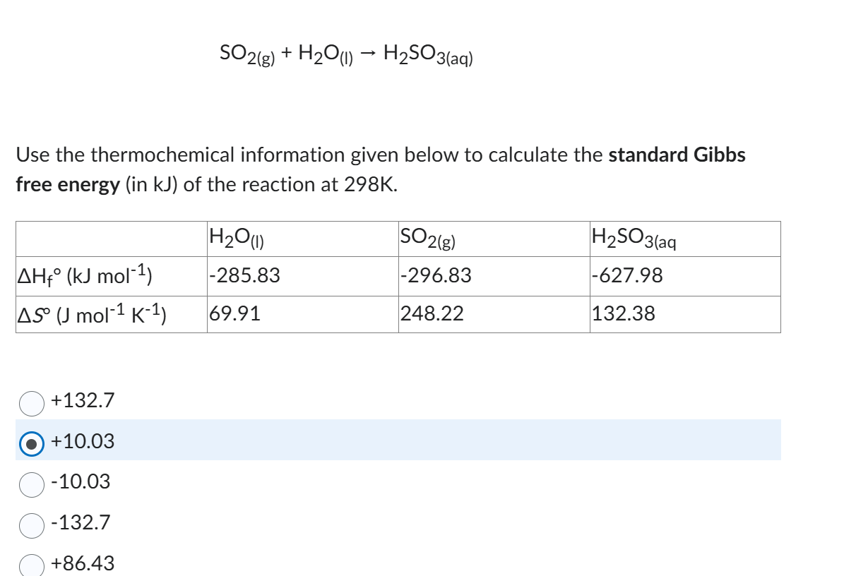 Solved SO2(g)+H2O(l)→H2SO3(aq)Use the thermochemical | Chegg.com