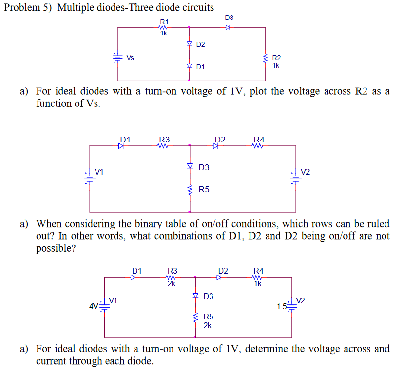 Solved Problem 5) Multiple diodes-Three diode circuits D3 R1 | Chegg.com