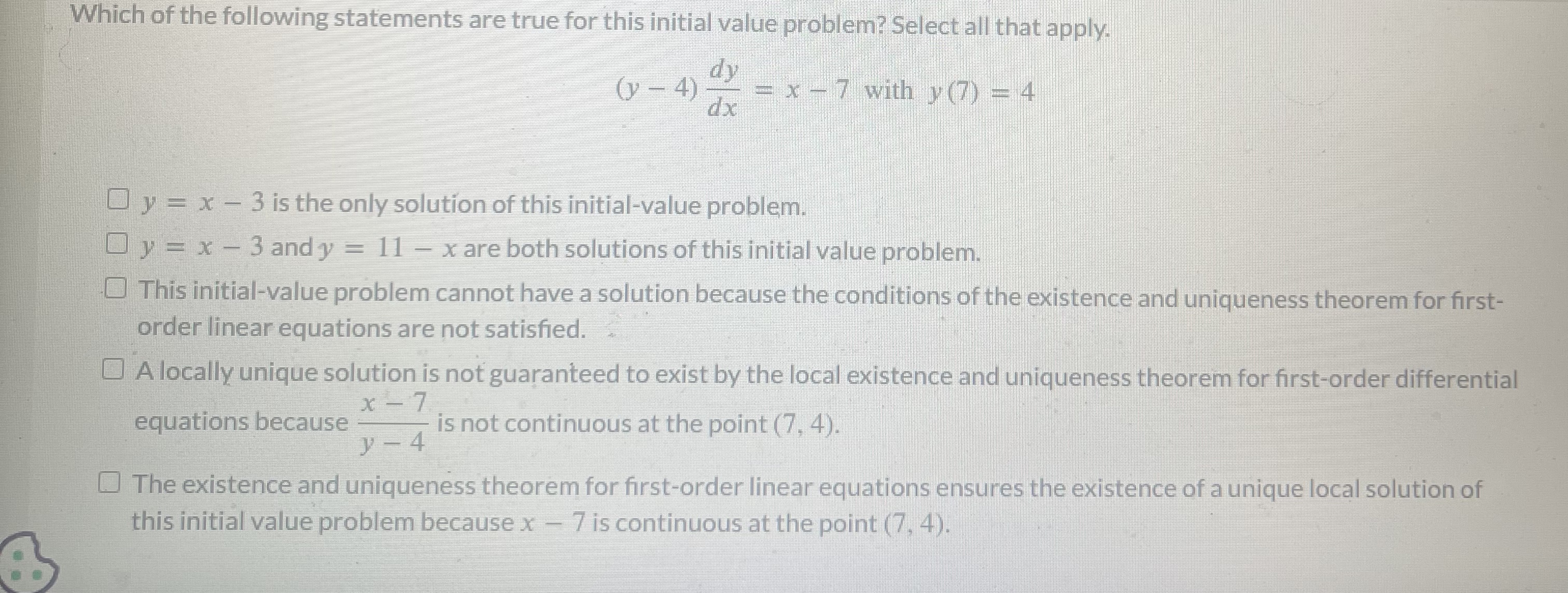 Solved Y−4 Dxdy X−7 With Y 7 4 Y X−3 Is The Only Solution