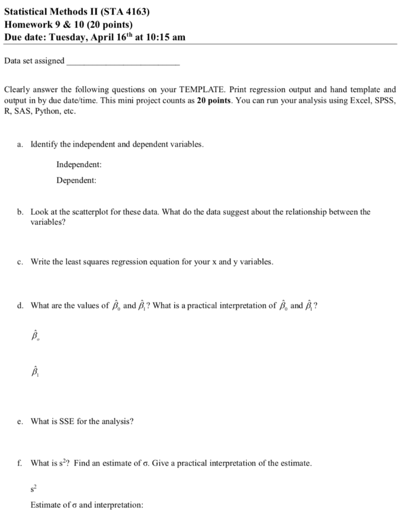 Solved Statistical Methods II (STA 4163) Homework 9 & 10 (20 | Chegg.com