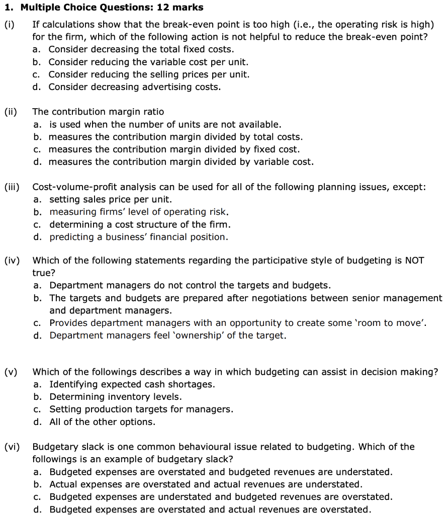 Solved 1. Multiple Choice Questions: 12 marks (i) If | Chegg.com