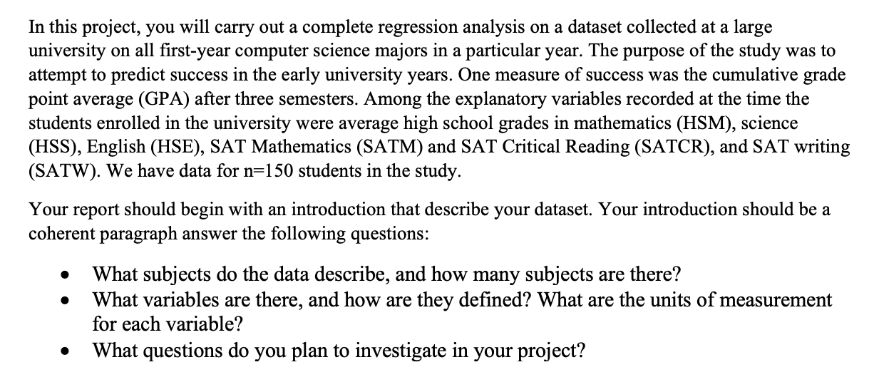 Solved In this project, you will carry out a complete | Chegg.com