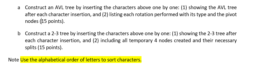 a Construct an AVL tree by inserting the characters | Chegg.com